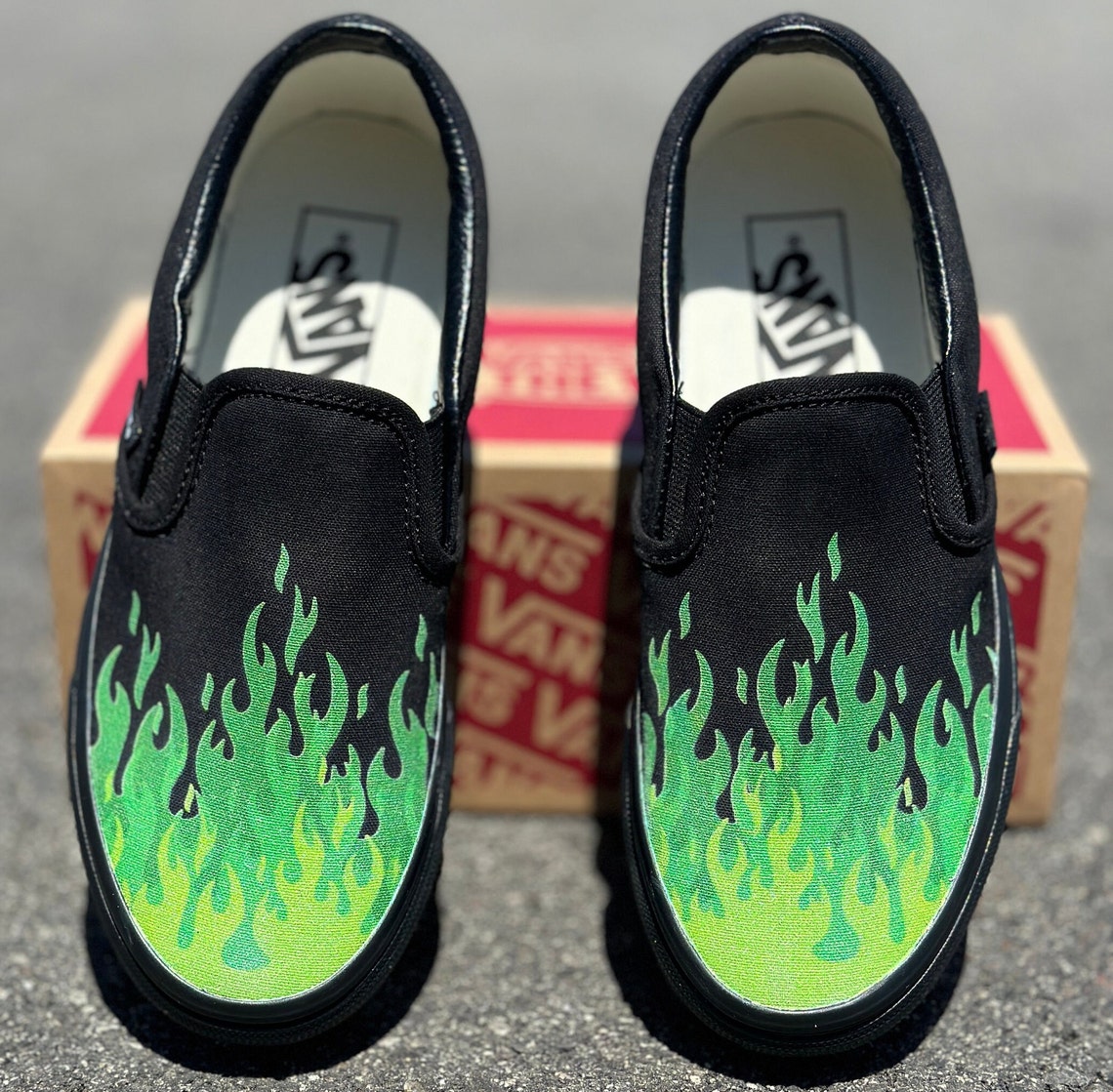Hot Green Flame Shoes - Custom Vans Black/ Black Slip Forest Green Neon ...