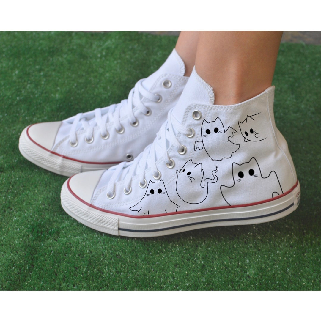 Cute Spooky Cat Ghost Drawing Sketch Halloween Custom High Top Converse ...