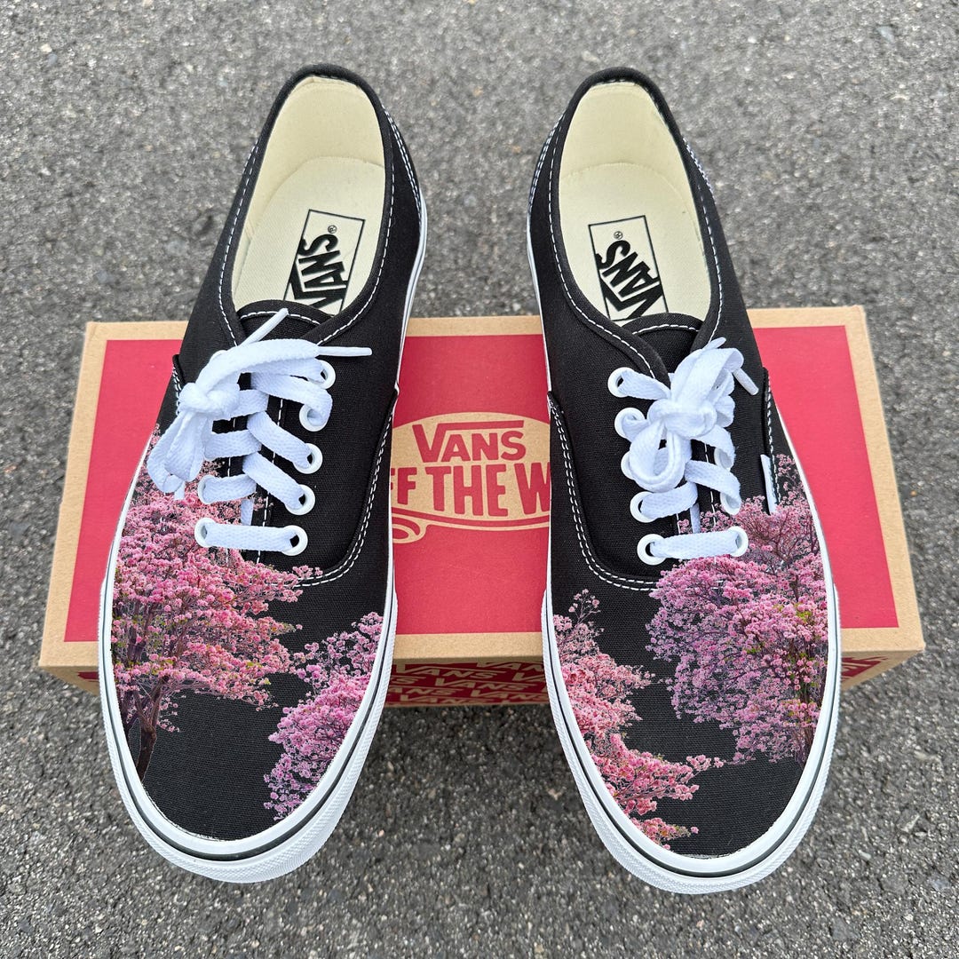 Cherry Blossom Black Vans Authentic Lace up Shoes Customized Sneakers ...