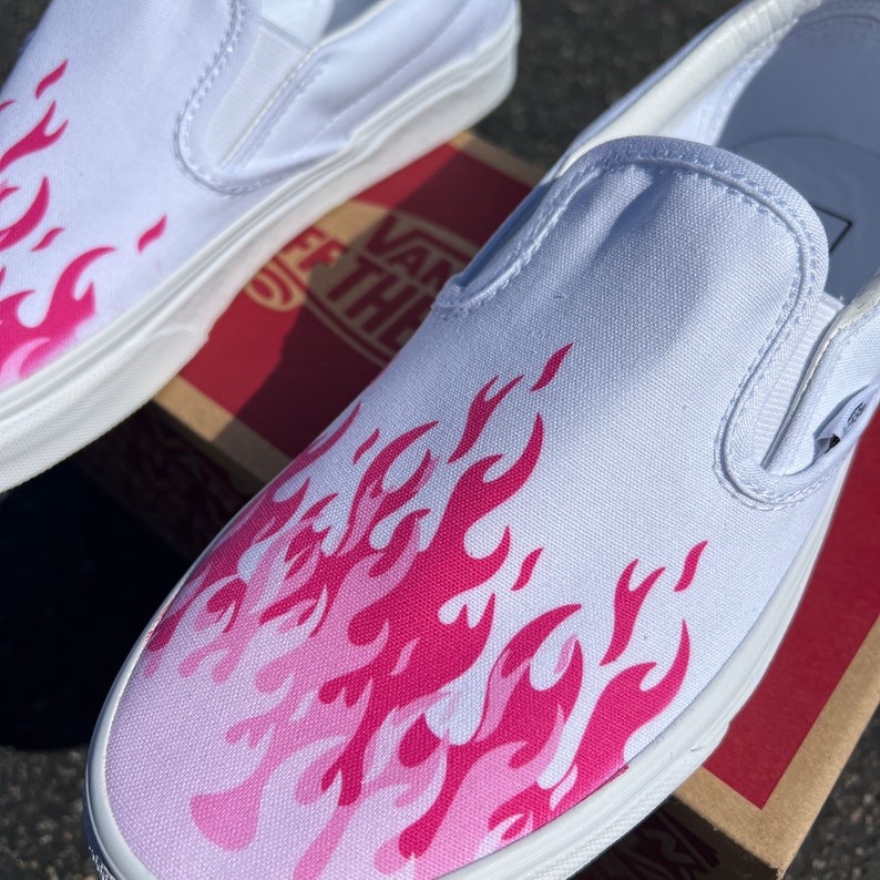 Hot Pink Flame Shoes for Women and Men - Custom Vans White Slip on Pink ...