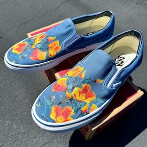 Orange Poppy Flower Spring Floral - Navy Slip on Vans for Men and Women ...