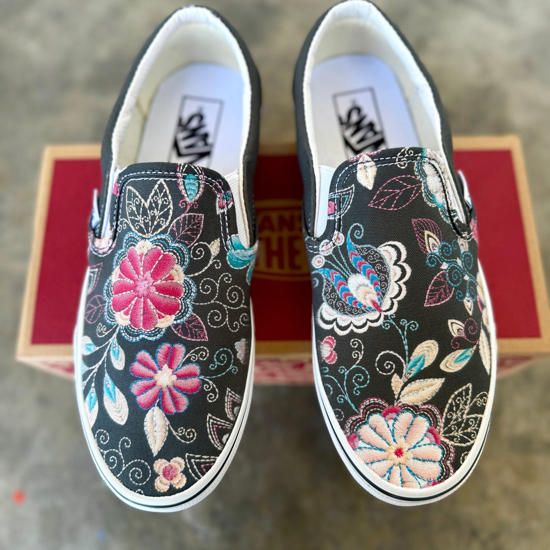 Embroidery Inspired Charcoal Vans Slip on Shoes - Custom Vans Shoes for ...