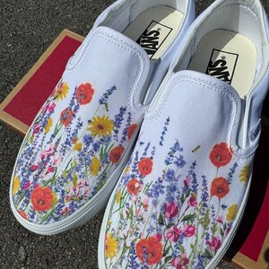 Flower Field White Slip on Vans Shoes - Bohemian Wild Flowers on Vans ...