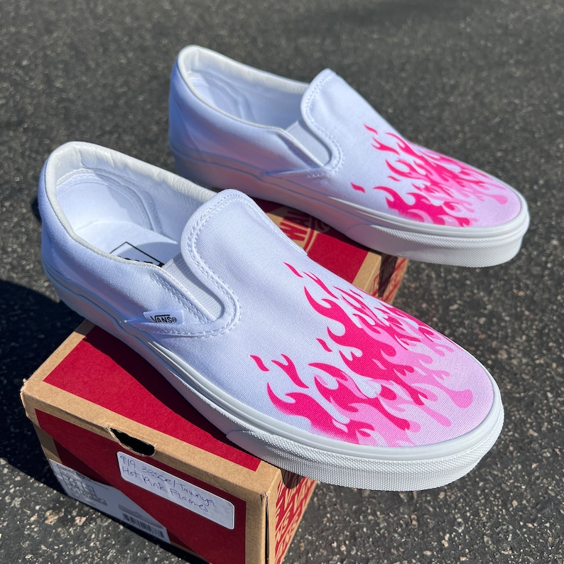 Hot Pink Flame Shoes for Women and Men - Custom Vans White Slip on Pink ...