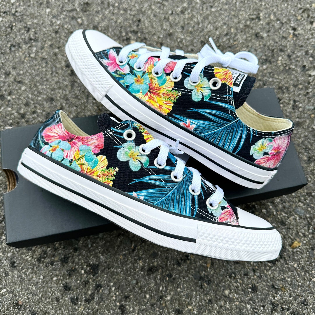 Tropical Floral Pattern on Black Low Top Converse Shoes - Men's and ...