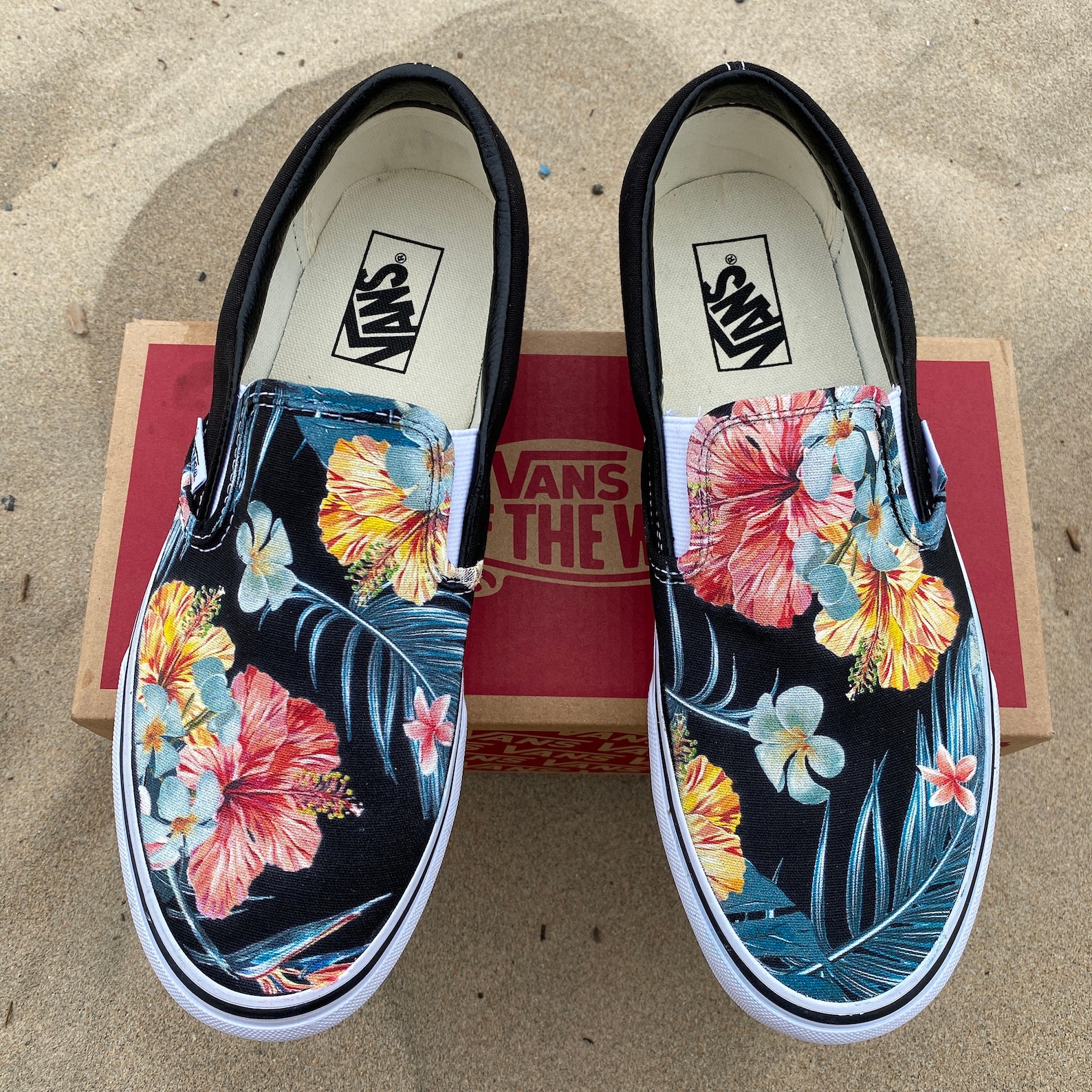 Tropical Floral Pattern on Black Vans Slip on Shoes - Men's and Women's ...