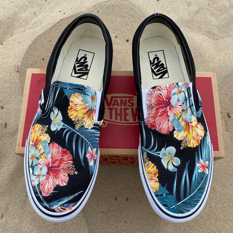 Tropical Floral Pattern on Black Vans Slip on Shoes - Men's and Women's ...