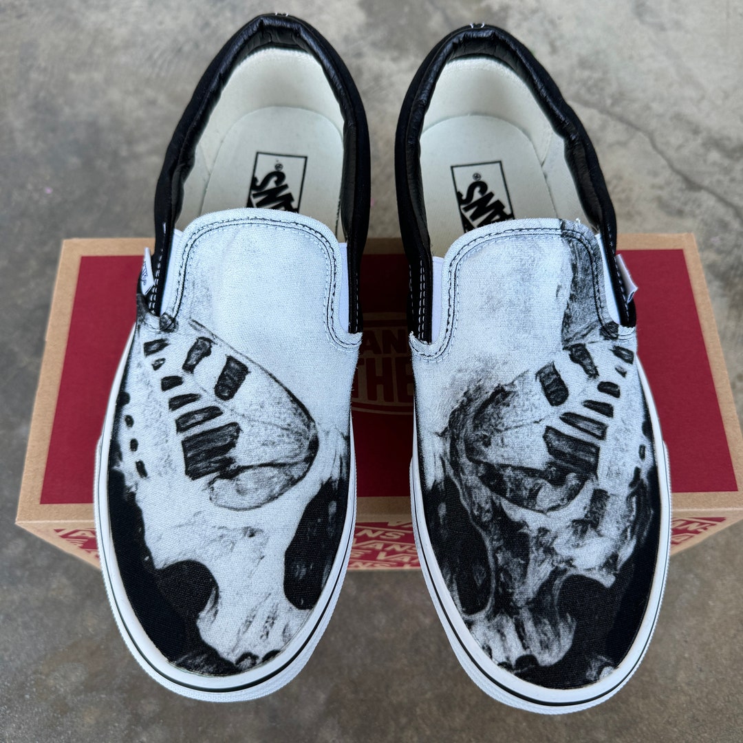 Skull and Butterfly Black Vans Slip on Shoes - Custom Vans Shoes for ...