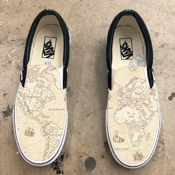 Old Vintage Classic Map Geography Globe Custom Slip on Vans - Etsy