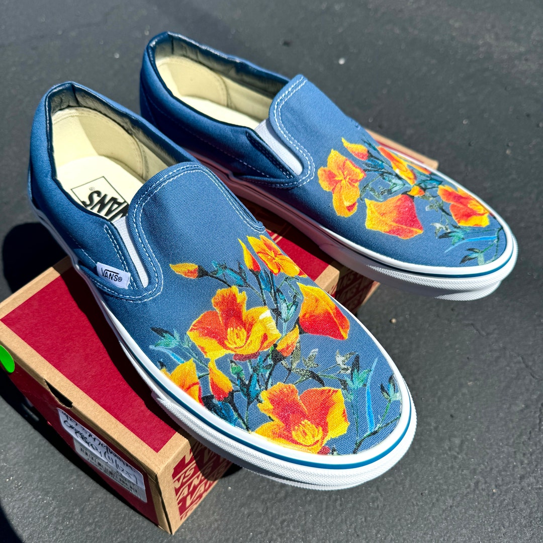 Orange Poppy Flower Spring Floral - Navy Slip on Vans for Men and Women ...