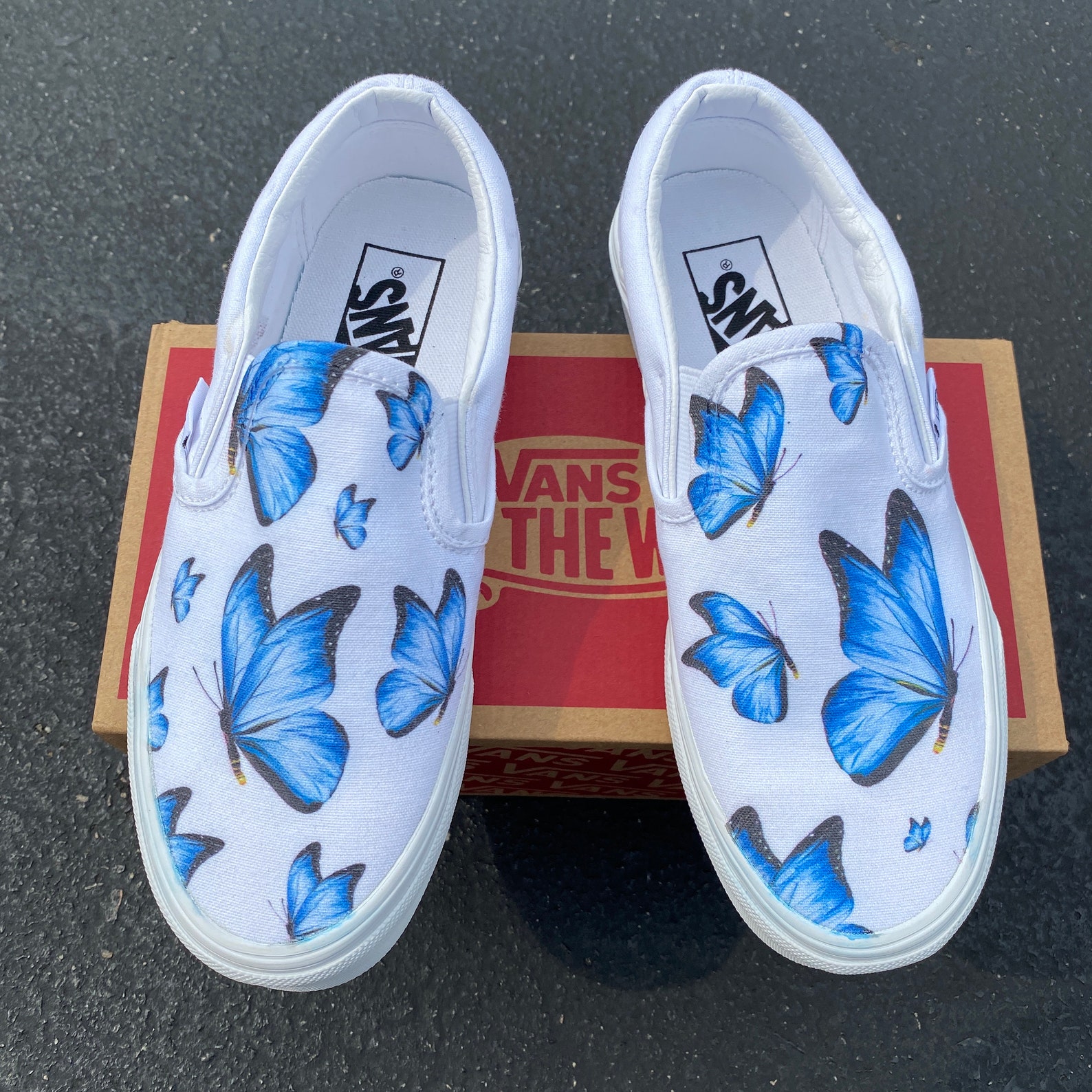 Blue Butterfly White Slip on Vans - Custom Vans Shoes - Etsy