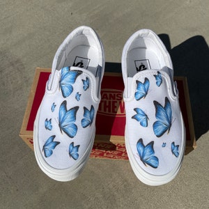 Blue Butterfly White Slip on Vans - Custom Vans Shoes - Etsy