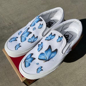 Blue Butterfly White Slip on Vans - Custom Vans Shoes - Etsy