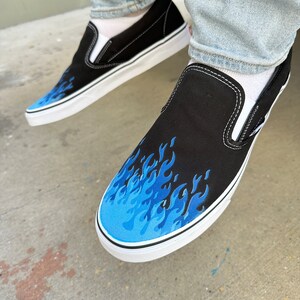 Hot Blue Flame Shoes - Custom Vans Black Slip on Dark Blue Neon Blue ...