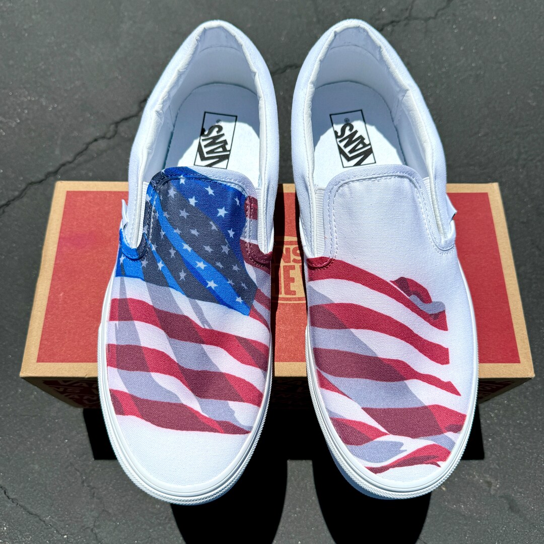 American Flag Red White Blue USA Custom White Slip on Vans - Etsy