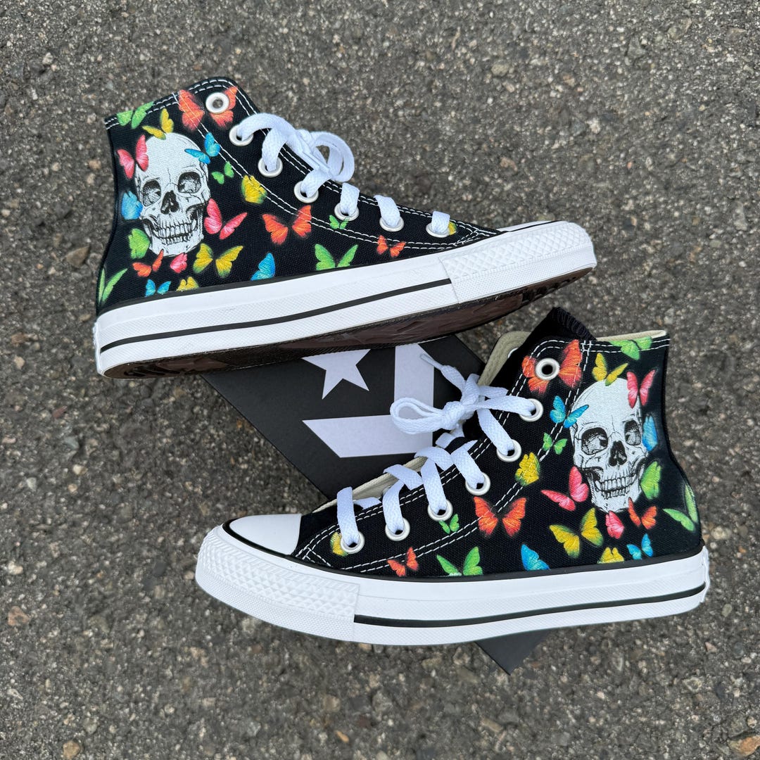 Skulls on High Top Converse Shoes With Butterflies - Custom Sneakers ...