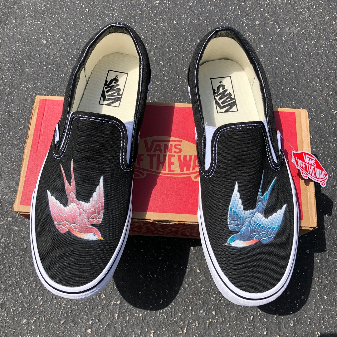 Custom Traditional Sparrow Bird Tattoo on Black Slip on Vans - Men's ...