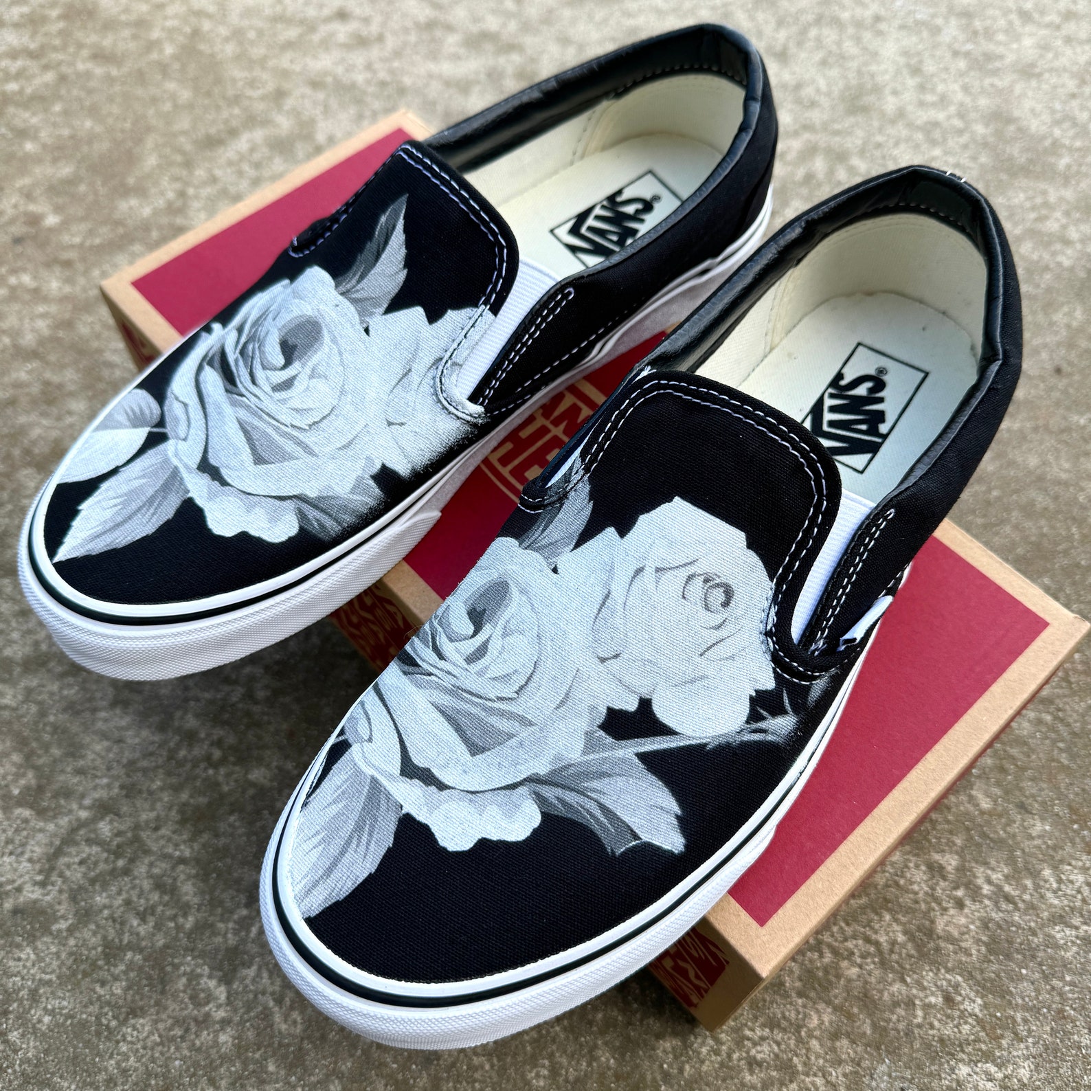 Greyscale Roses on Black Slip on Vans Shoes - Vans Shoes for Women and ...