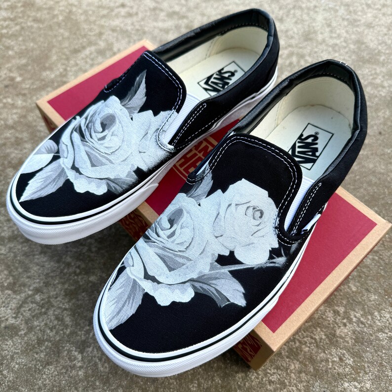 Greyscale Roses on Black Slip on Vans Shoes - Vans Shoes for Women and ...
