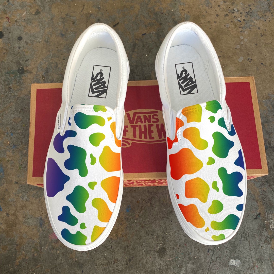 Rainbow Gradient White Cow Print Custom White Slip on Vans - Etsy