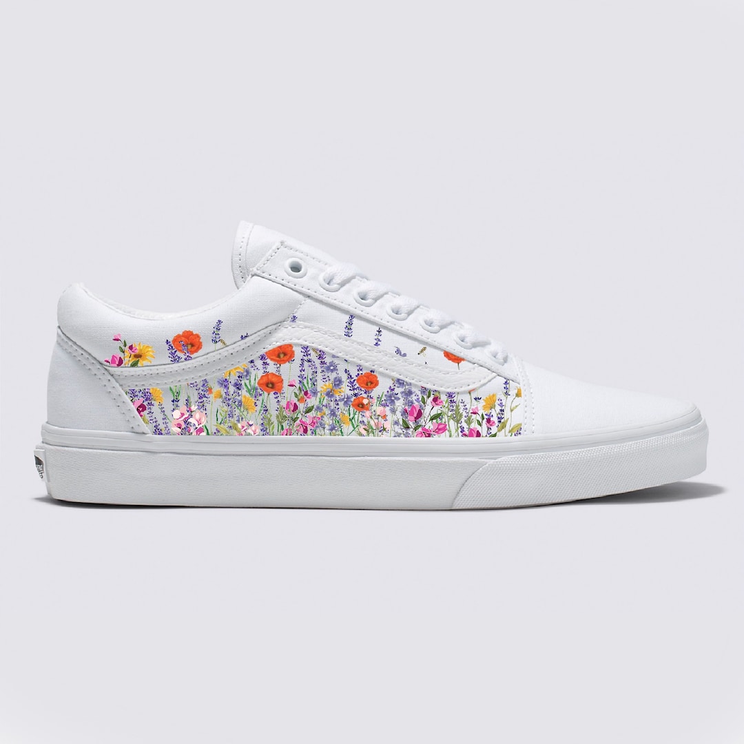 Flower Field Vans Old Skool Shoes Customized White Old Skool Vans ...