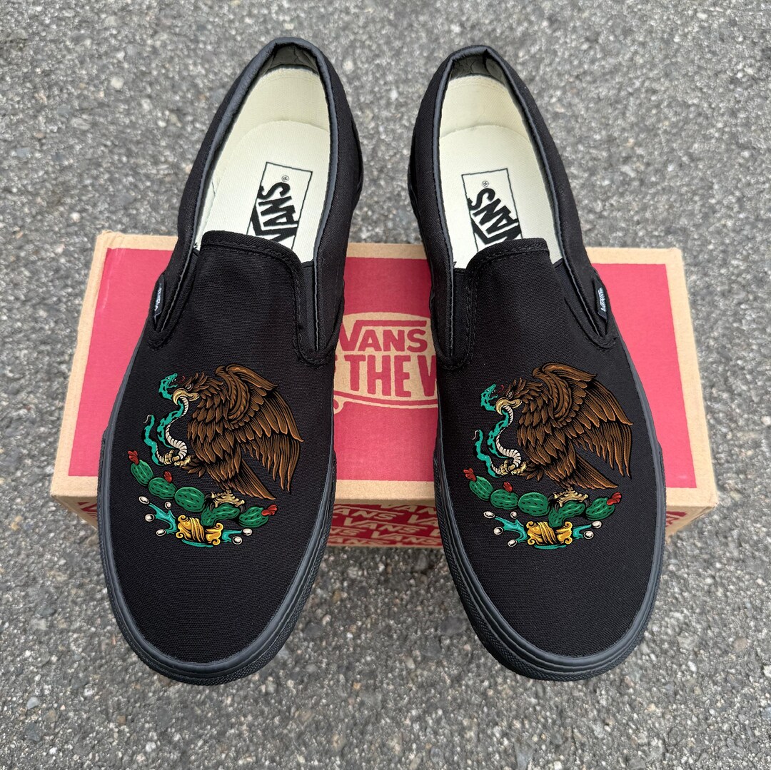 Golden Eagle Mexican Eagle Mexico Flag on All Black Slip on Vans ...