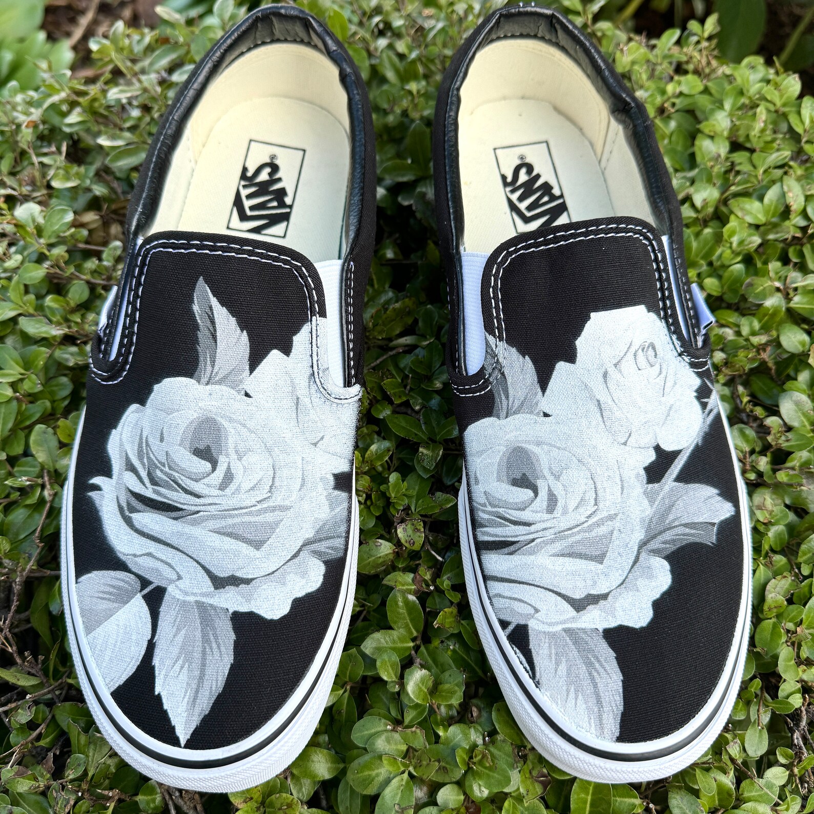 Greyscale Roses on Black Slip on Vans Shoes - Vans Shoes for Women and ...