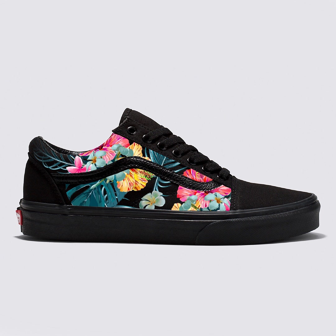 Tropical Floral Pattern on Black/black Old Skool Vans Sneakers Men's ...