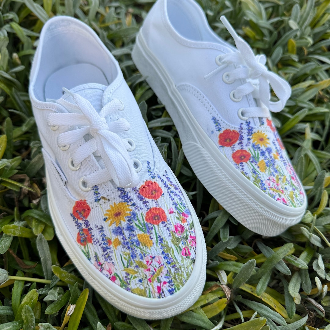 Flower Field Vans Authentic Shoes - Customized White Authentic Vans for ...