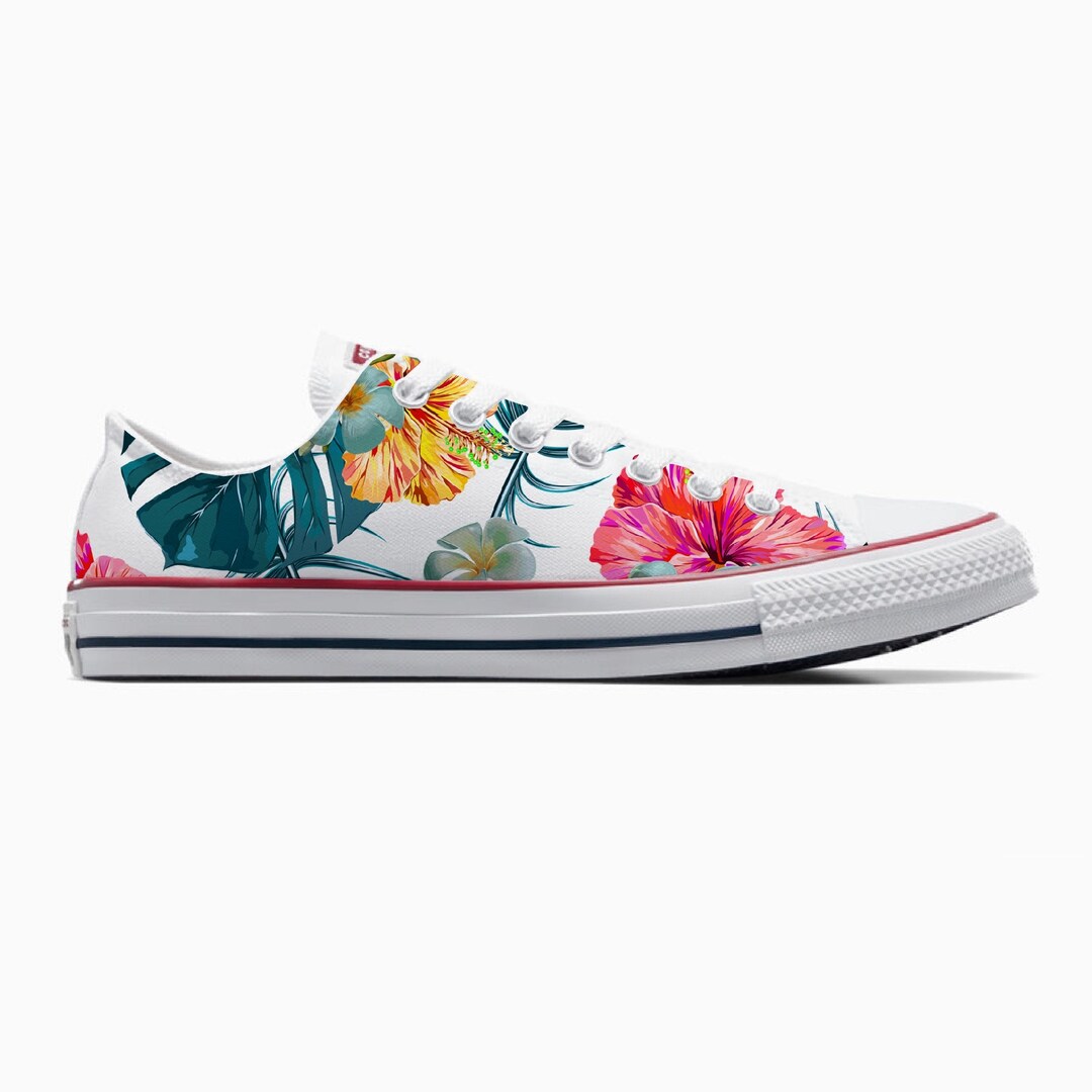Tropical Floral Pattern on White Low Top Converse Shoes - Men's and ...