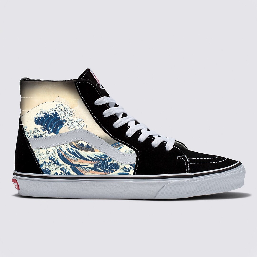 The Great Wave off Kanagawa Custom Black Sk8 Hi Top Vans Men's and ...
