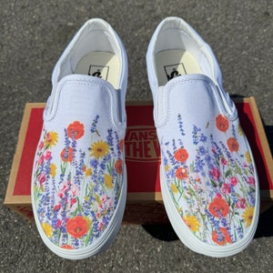 Flower Field White Slip on Vans Shoes - Bohemian Wild Flowers on Vans ...