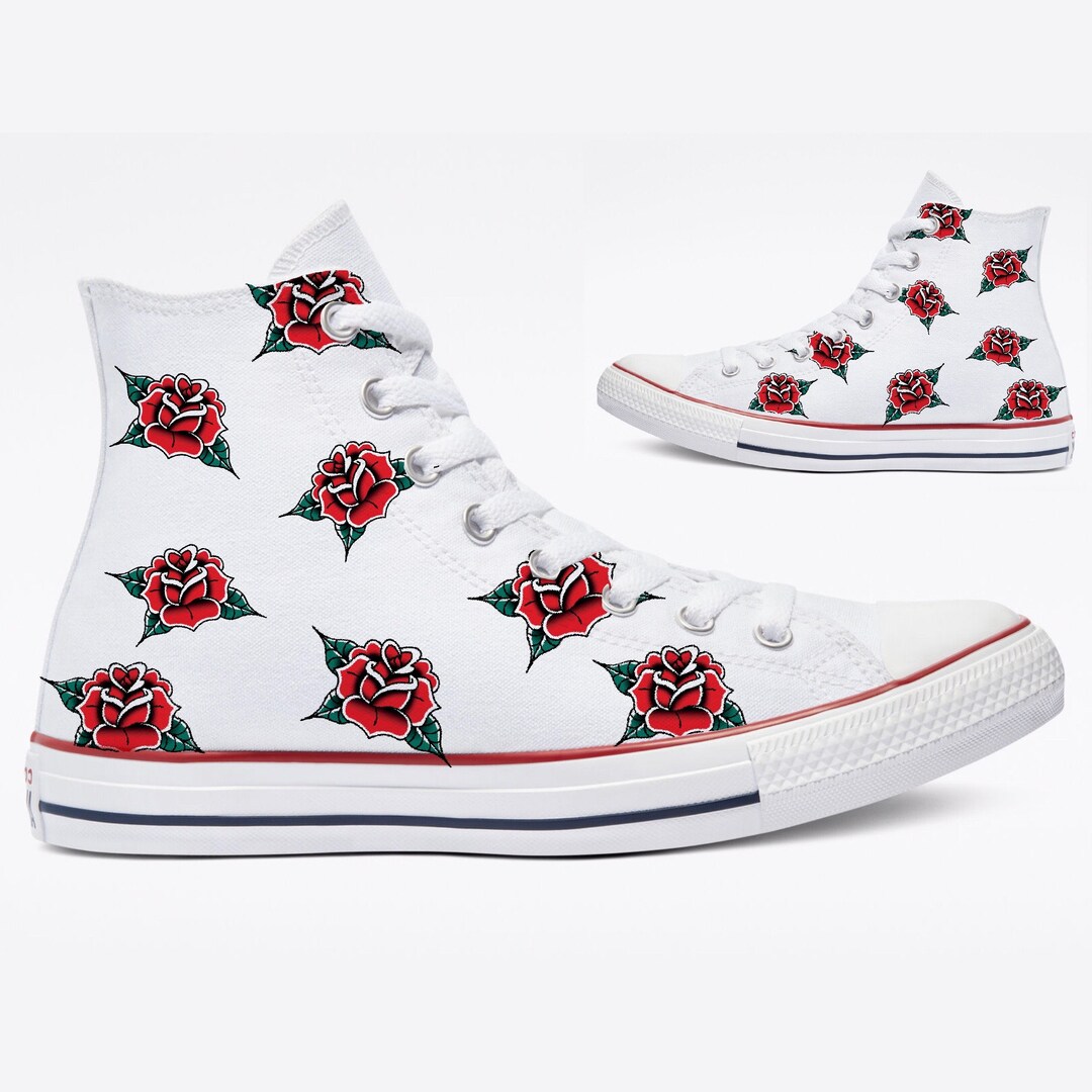 Custom Traditional Rose Pattern Tattoo on White High Top Converse - Etsy