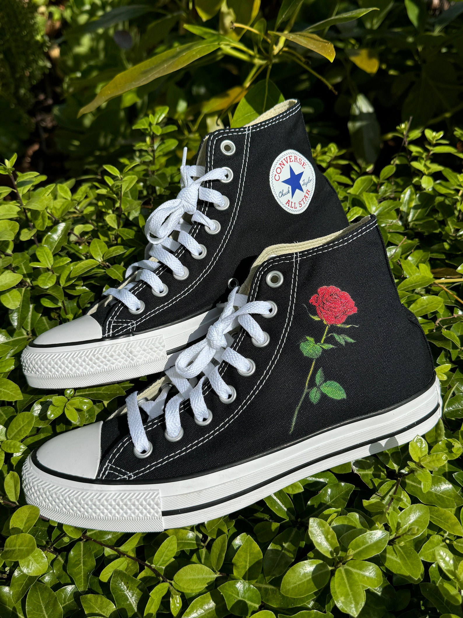 Single Rose on Black High Top Converse Shoes - Men's and Women's Custom ...
