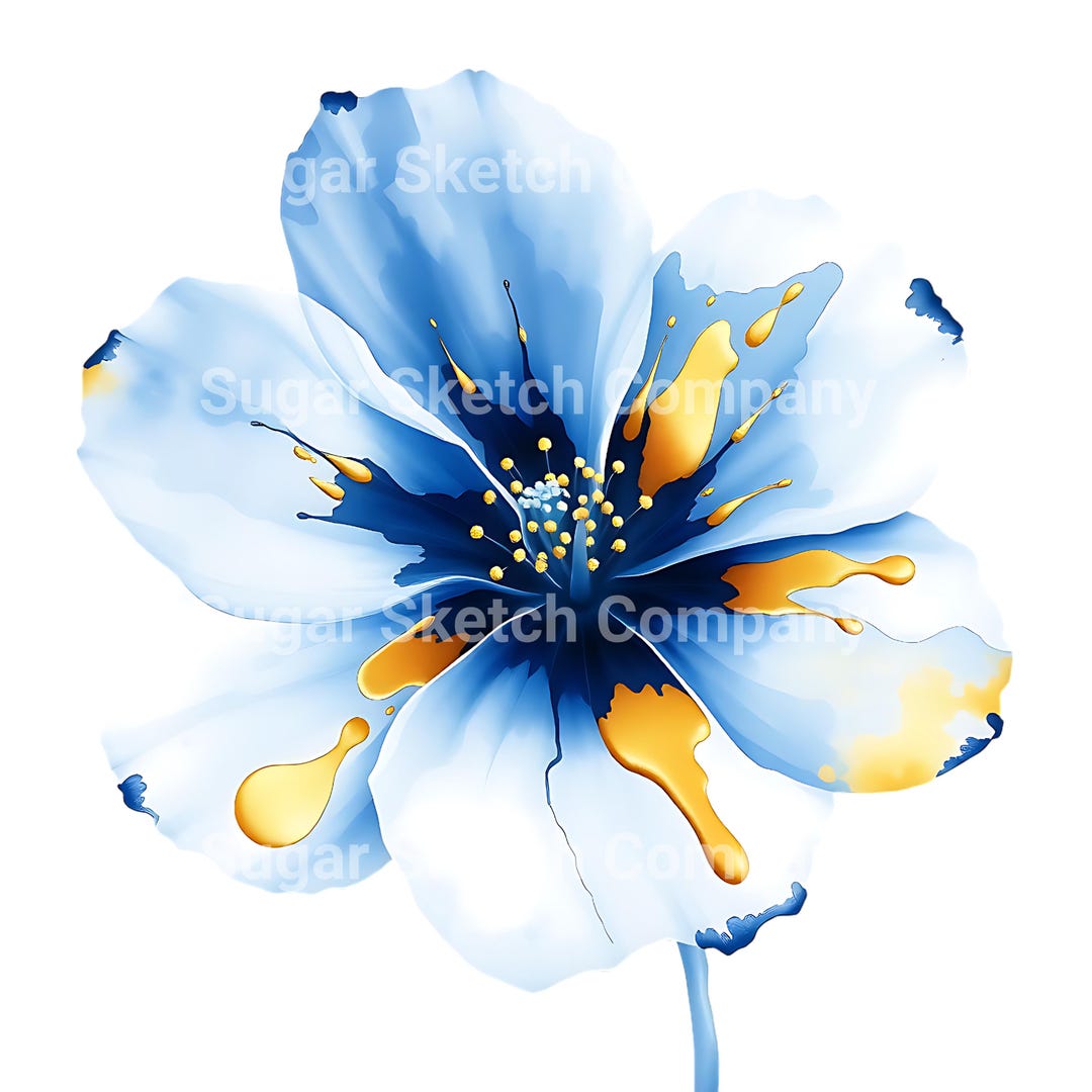 Blue Gold Watercolor Flowers Clipart, Abstract Floral Botanical Art ...