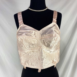 Vtg Circular Bullet Bra Pink Satin Longline Pinup Button Closure 1950's ...
