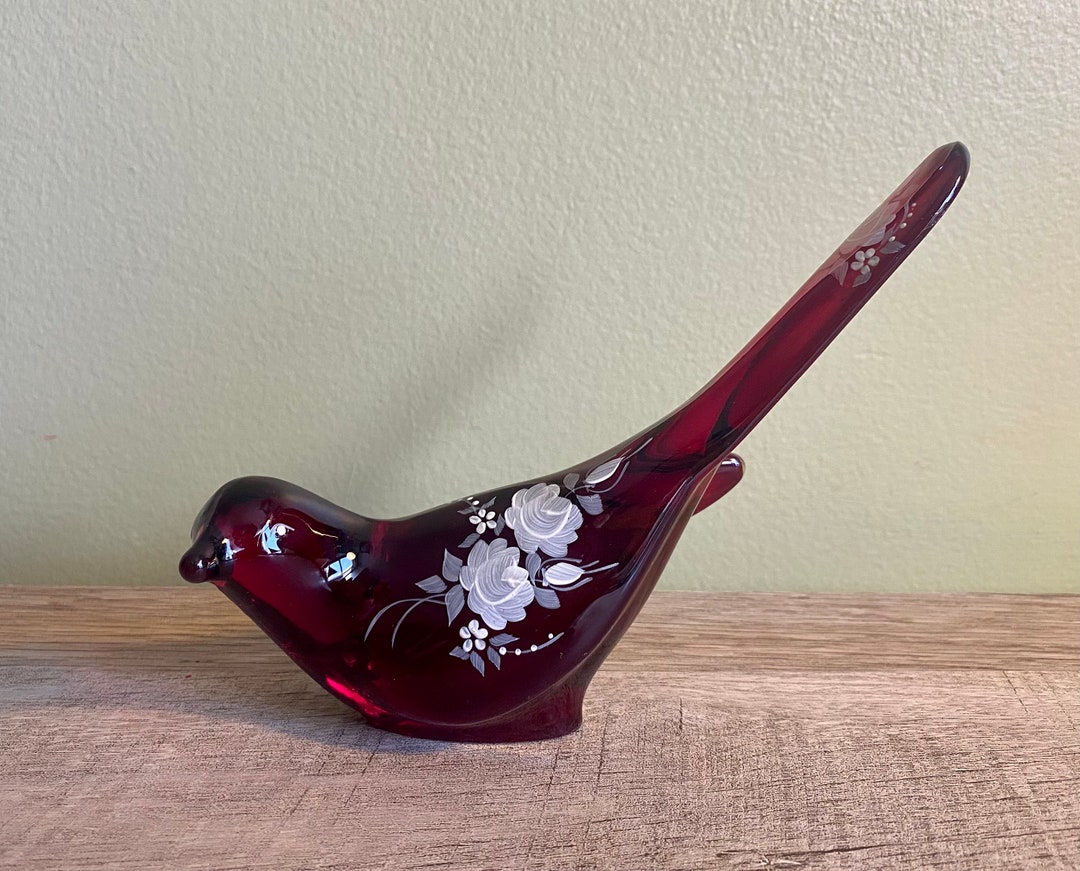 Vintage Fenton Red Glass Long Tailed Bird Hand Painted White Roses ...