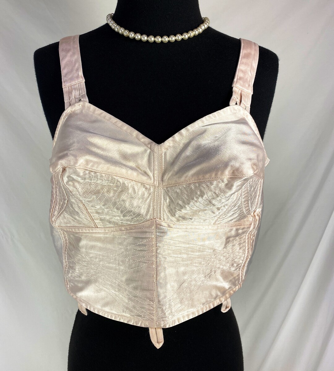 Vtg Circular Bullet Bra Pink Satin Longline Pinup Button Closure 1950's ...