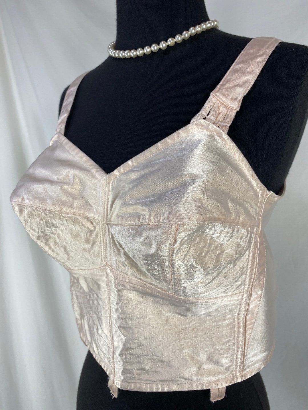 Vtg Circular Bullet Bra Pink Satin Longline Pinup Button Closure 1950's ...