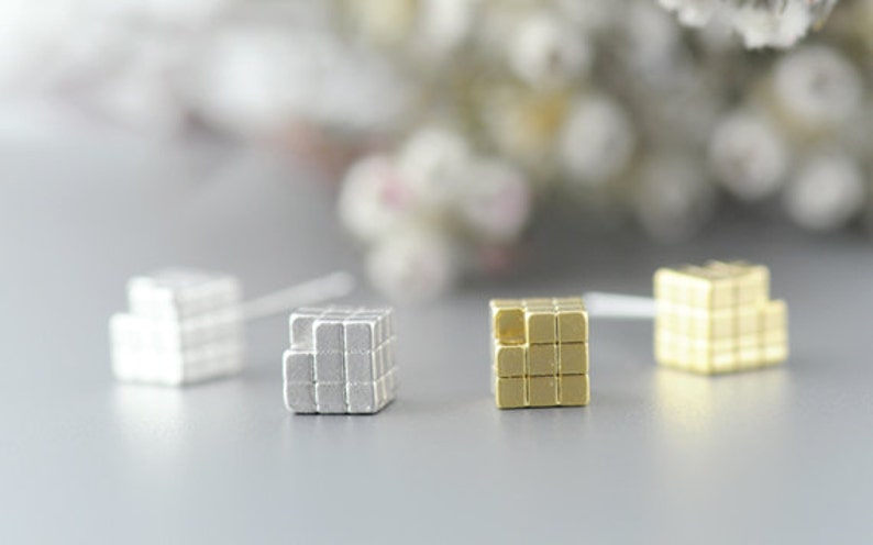 Rubik Cube Post Earrings in Silver. Silver Rubik Cube Earrings. Retro ...