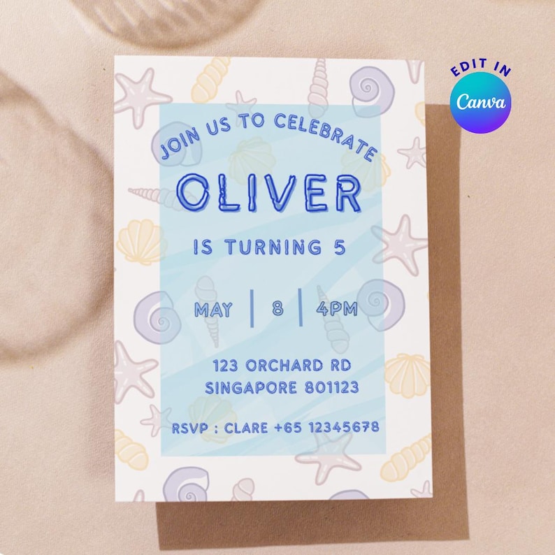 Under the Sea Shells 5th Birthday Invitation | Ocean Party Template ...