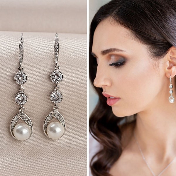 Pearl Long Wedding Earrings - Etsy