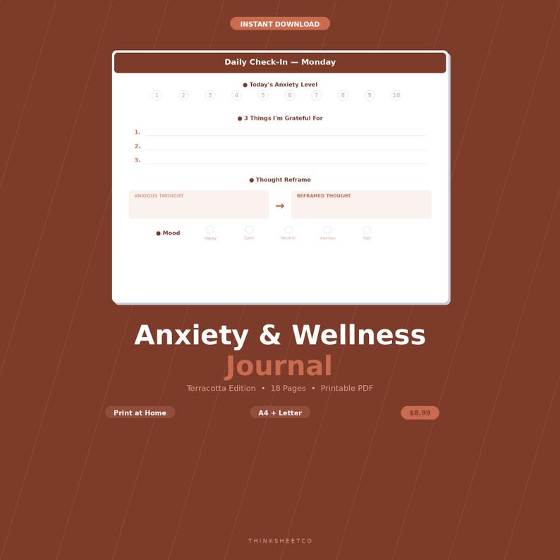Anxiety Journal Printable Terracotta | Daily Wellness Check-in With ...