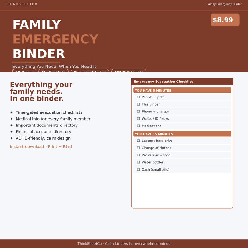 Family Emergency Binder Printable, Terracotta ADHD Friendly, Medical ...