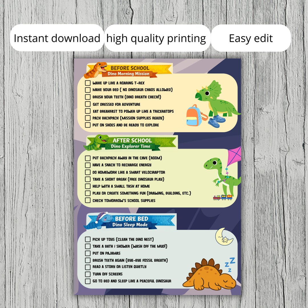 Editable Dinosaur Daily Routine Chart Canva Template for Kids Morning ...