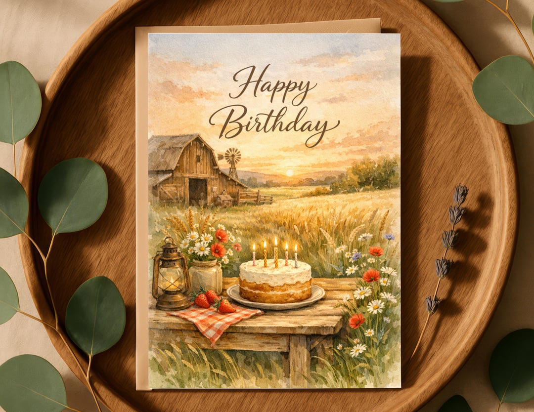 Rustic Farm Birthday Card Wildflowers Barn Sunset Watercolor ...