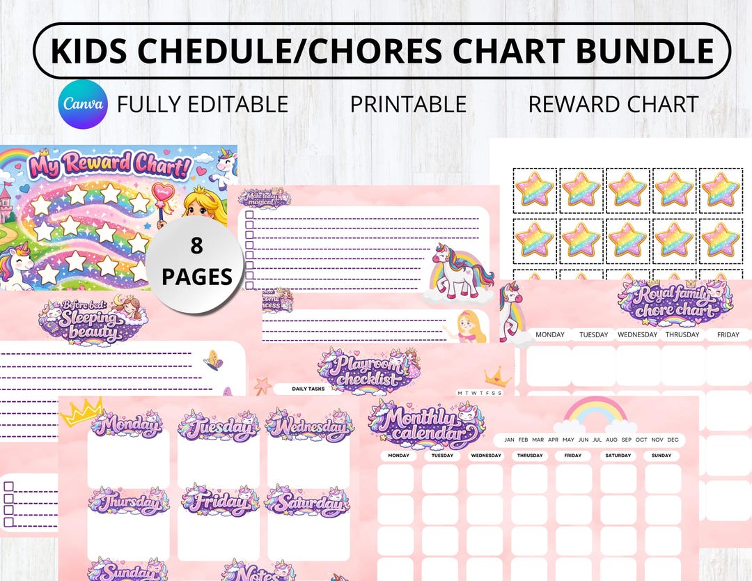 Kids Chore Chart Printable Unicorn Princess Routine Schedule Bundle 8 ...