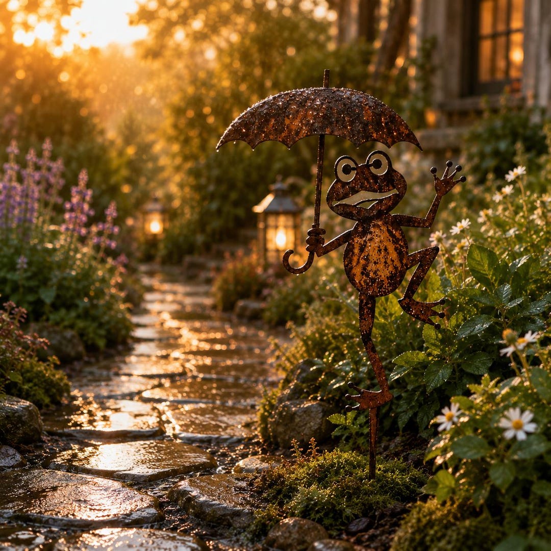 Whimsical Frog Garden Stake, Rustic Metal Sculpture, Cottagecore Yard ...