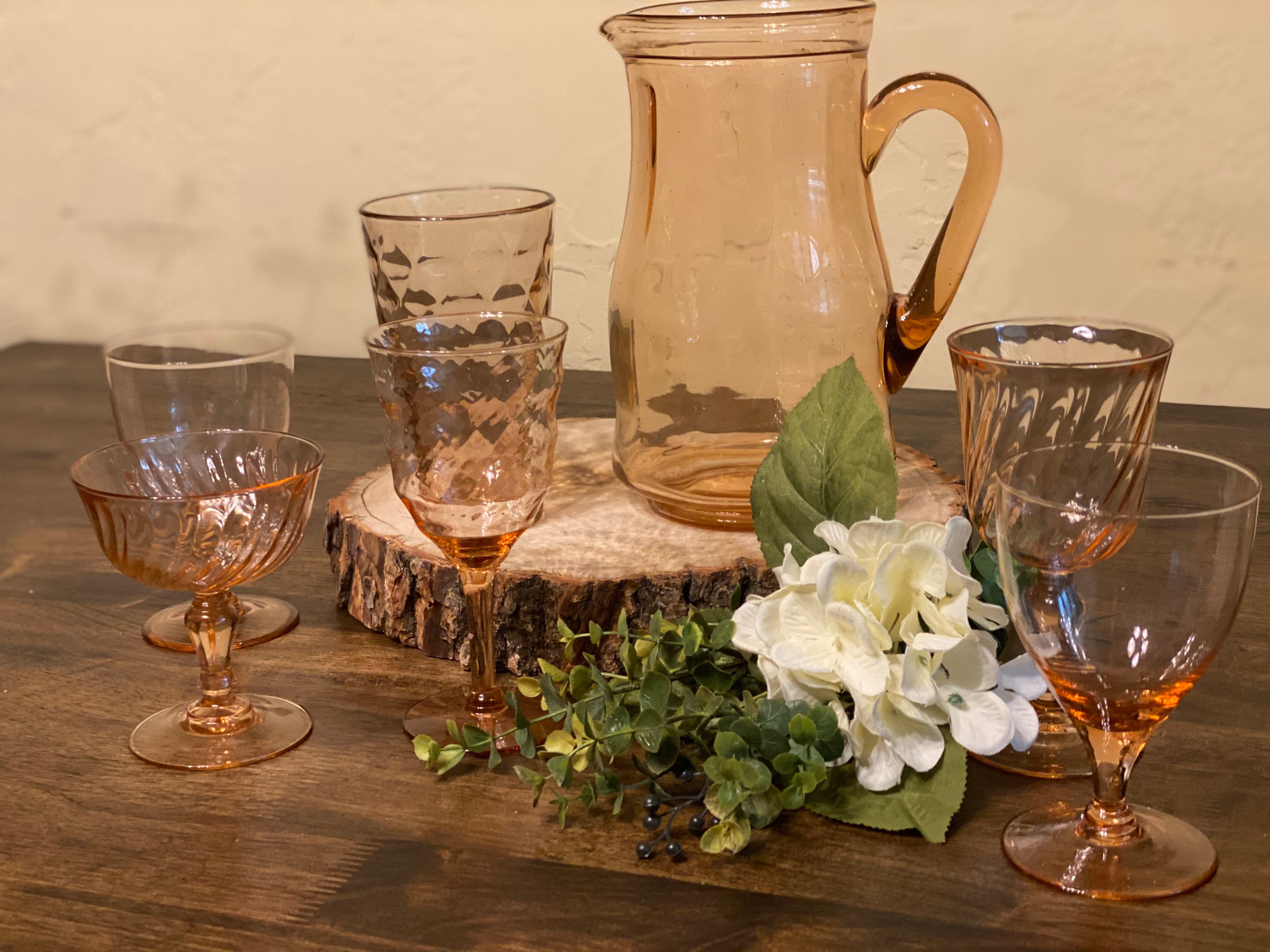 Vintage Pink Glass Pitcher and Glassware Set Mismatched | Etsy