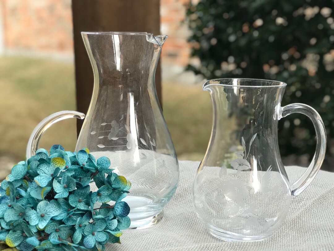 Set of Two | Vintage Etched Glass Pitchers | Pitcher Set | Bird Theme ...